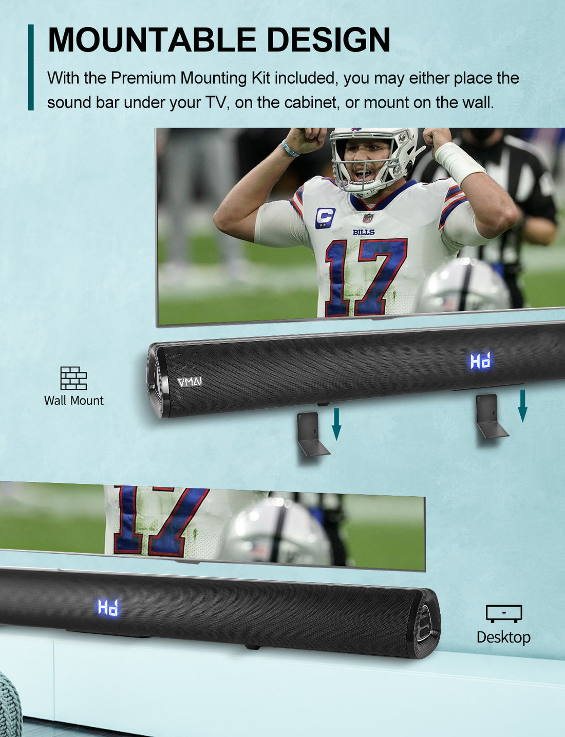 TV Soundbar with Built-in Subwoofer, 36 INCH – vmai